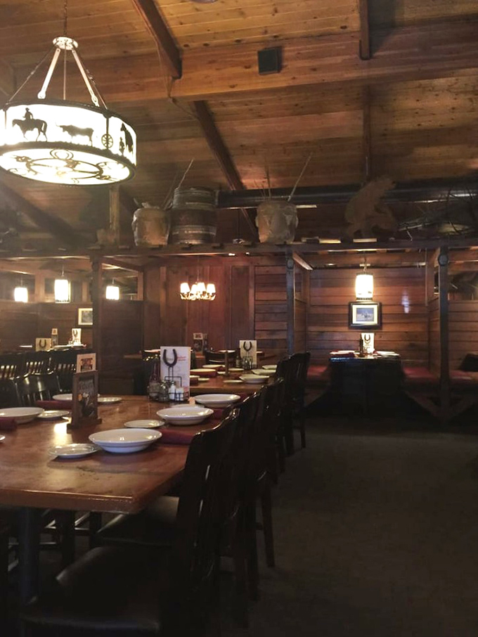 Rustic wooden walls and wagon wheel chandeliers transport you to the Old West. John Wayne would approve of both the décor and the meat selection.