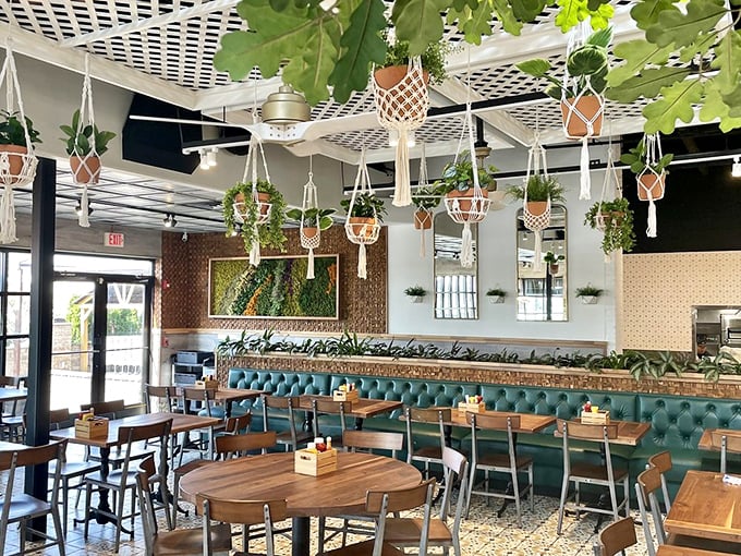 Hanging plants create a botanical canopy above teal banquettes and wooden tables—the perfect backdrop for both Instagram and actual human conversation.