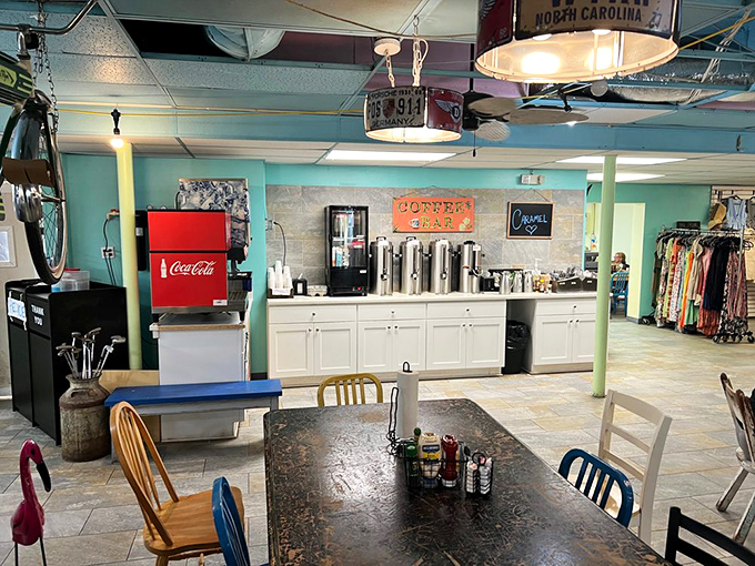 Mismatched chairs, vintage license plates, and surfboard light fixtures create the perfect backdrop for morning coffee and life-changing cinnamon rolls. 