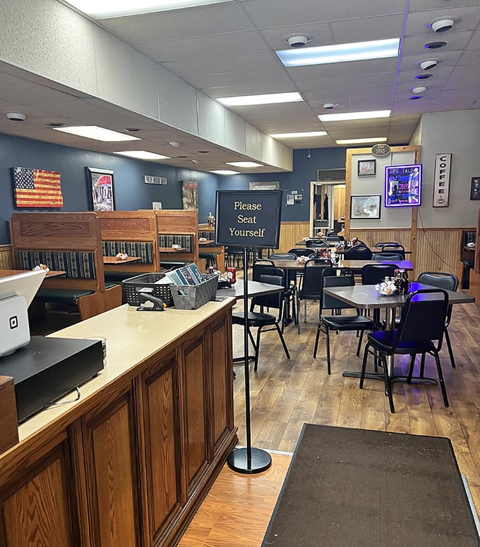 "Please Seat Yourself" isn't just a sign—it's an invitation to become part of Joey's family. Simple wooden booths and Americana decor create the perfect no-frills dining atmosphere.