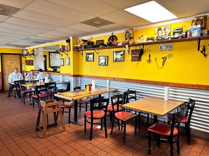 Yellow walls adorned with Mexican memorabilia create the perfect backdrop for taco perfection. This isn't interior design – it's taco authenticity with a side of charm.