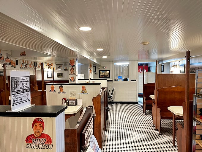 High-backed wooden booths and classic tile floors transport you to simpler times. This isn't manufactured nostalgia—it's the real deal.