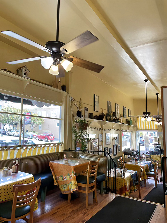 Sunshine streams through windows onto cheerful yellow tablecloths. This isn't trendy minimalism—it's the comforting embrace of a place that knows exactly what it is.