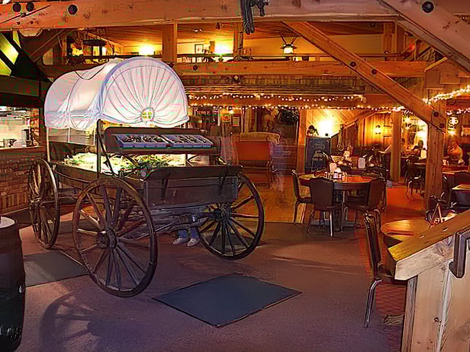 Step inside and travel back in time. The authentic covered wagon isn't just decoration—it's the centerpiece of a dining room that whispers tales of Oregon's frontier past.