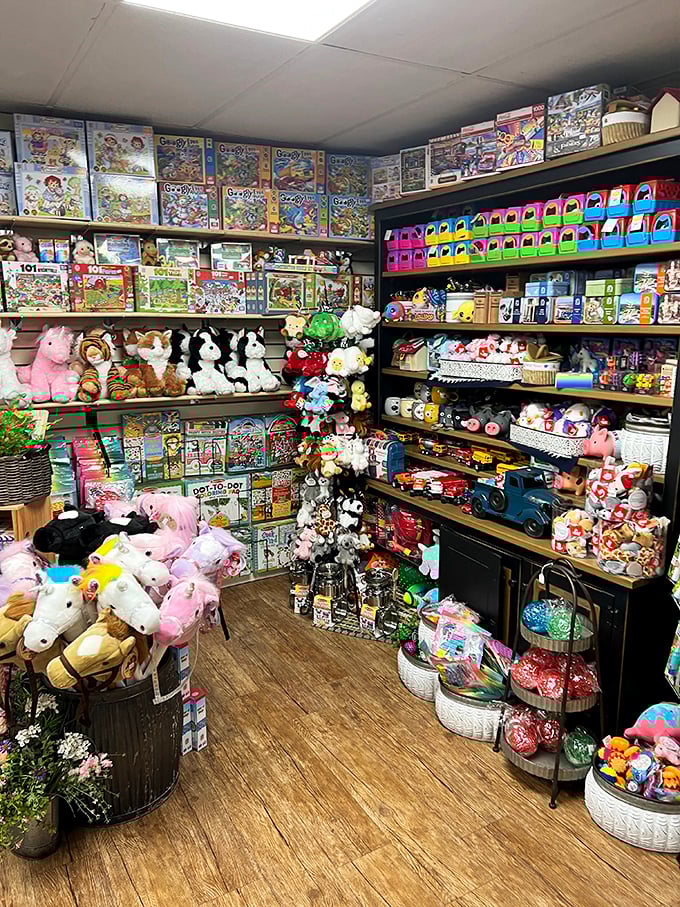 Toys and treasures line the shelves alongside baked goods. This isn't just a bakery—it's a wonderland where your inner child gets a cookie.