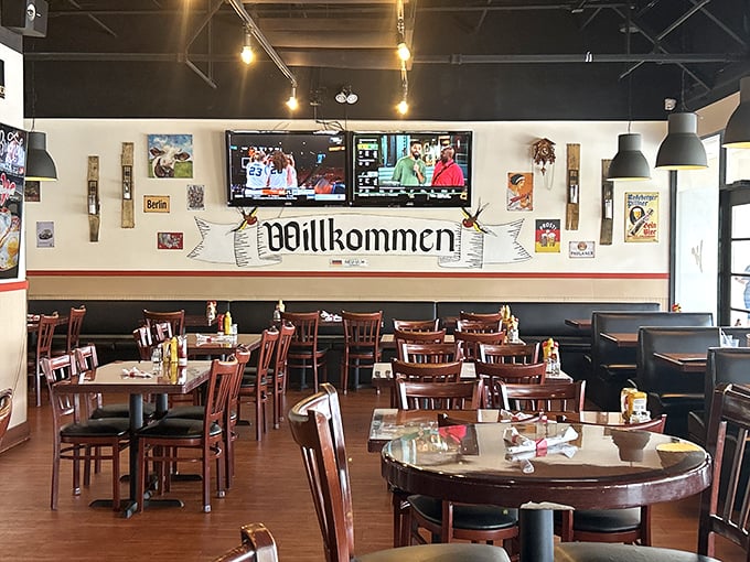 Step inside and the "Willkommen" banner isn't just decoration – it's a promise of the authentic German experience awaiting at every wooden table.