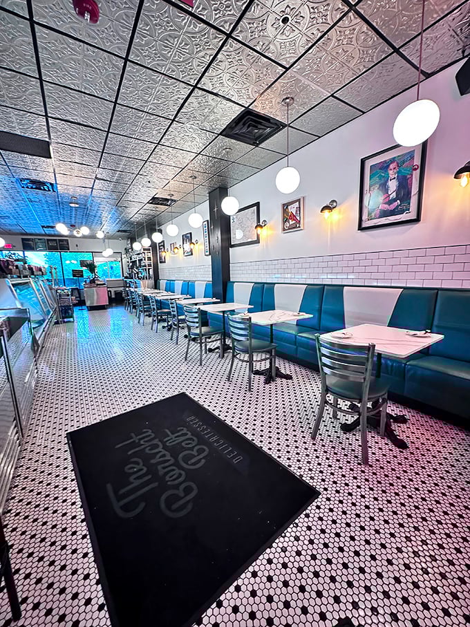 Step inside and the classic black-and-white tiled floors and ornate tin ceiling transport you to a New York deli circa 1950—minus the attitude, plus all the flavor.