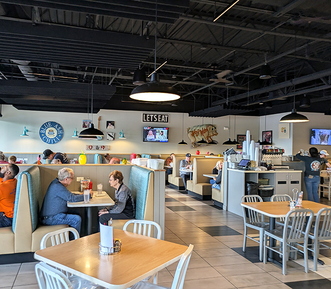 Inside, the classic diner vibe with its "LET'S EAT" sign isn't trying to be retro—it just never stopped being authentic since day one.