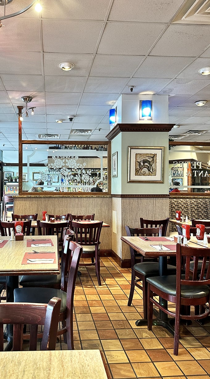 Classic diner aesthetics done right—warm wood tones, comfortable seating, and not a mason jar or Edison bulb in sight. This is breakfast without pretension.