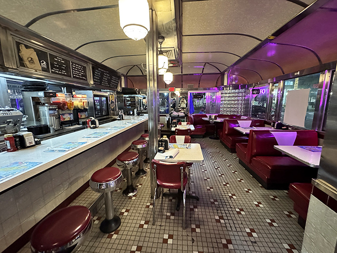 Step inside and time travel to the 1950s—red vinyl booths, chrome accents, and that unmistakable diner energy that says "your diet starts tomorrow."