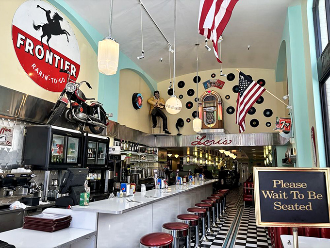 Step inside and prepare for sensory overload – vintage motorcycles suspended from ceilings, classic jukeboxes, and enough Americana to fill a museum.