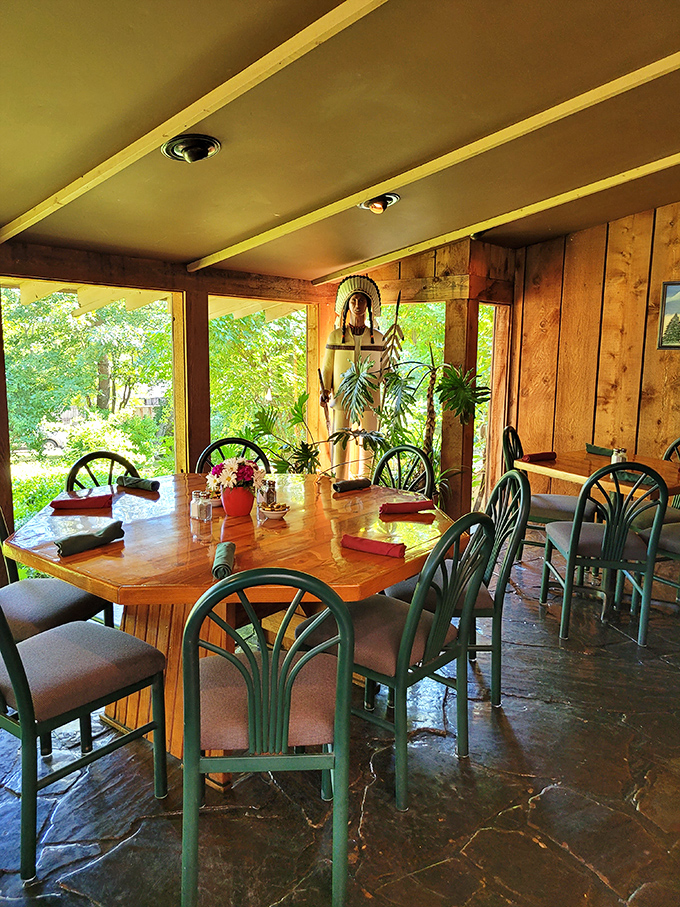Sunlight streams through windows onto polished wood tables, where the forest views are almost as delicious as what's on your plate.