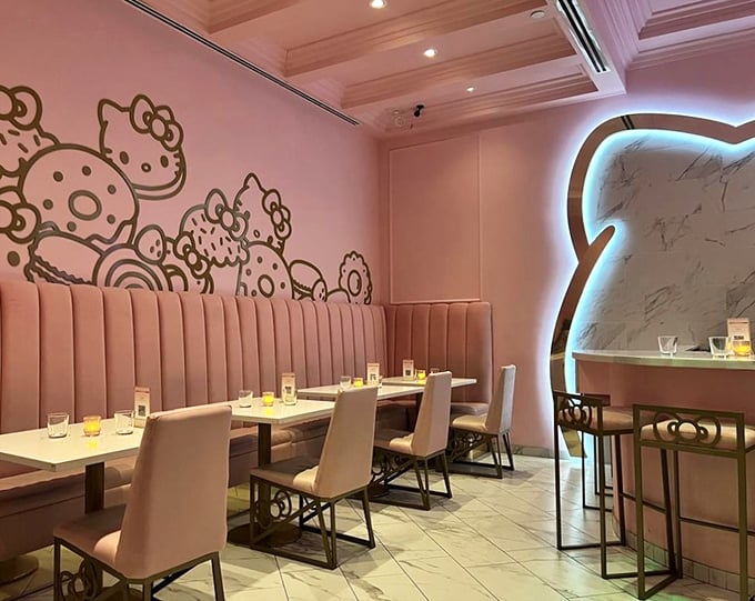 Plush pink booths and Hello Kitty murals create an atmosphere that's part luxury lounge, part childhood dream. Sophistication meets whimsy in perfect harmony.