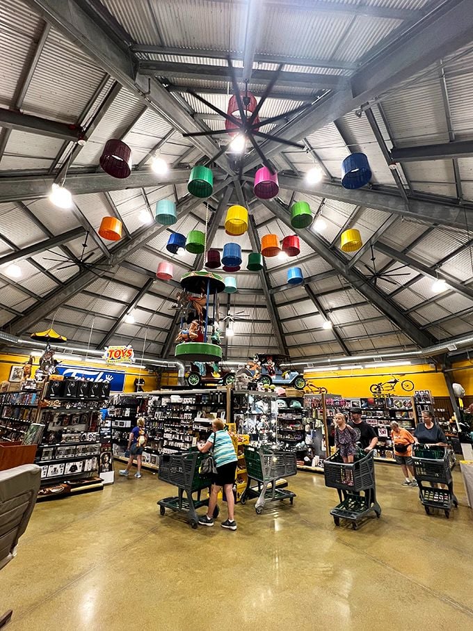 Colorful lampshades dangle from the ceiling like a carnival for foodies. Even the architecture at Jungle Jim's is determined to make grocery shopping entertaining.
