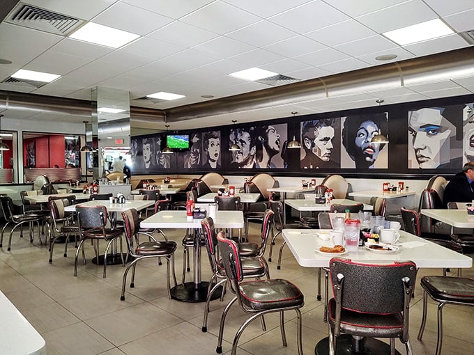 Inside, celebrity portraits watch over diners like old friends while chrome accents gleam under the lights—a perfect stage for breakfast drama to unfold.