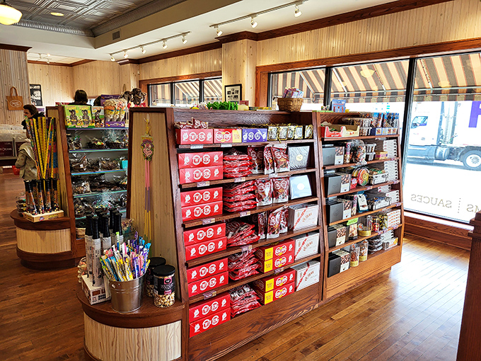 Wooden shelves laden with boxed treasures—where childhood memories and adult cravings collide in delicious harmony.