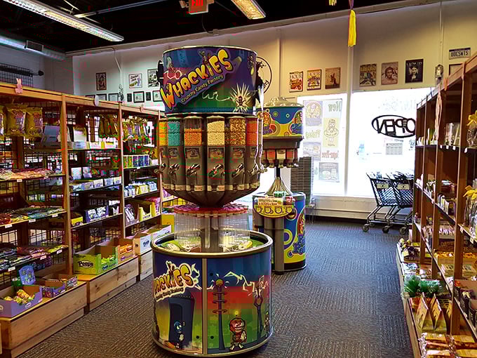 Whackos candy dispensers stand like sentinels of sweetness, guarding treasures that would make Willy Wonka himself nod in approval.