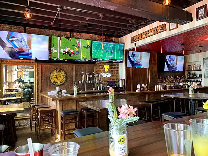 Where pints meet pixels—Slainte's bar area combines old-world wooden charm with enough screens to satisfy even the most dedicated sports fanatic.