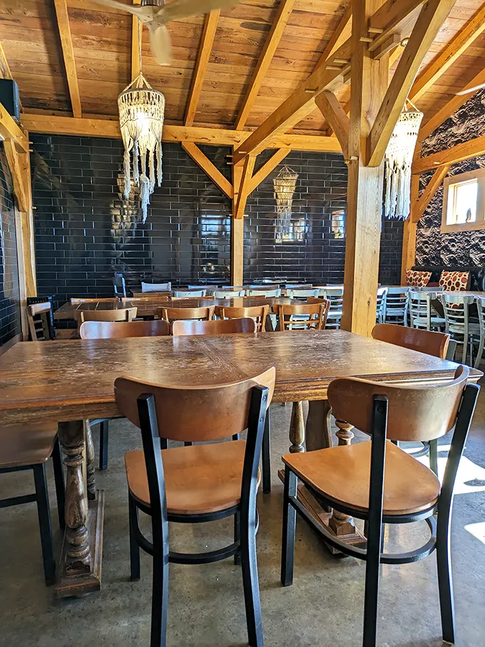 Exposed beams, macramé chandeliers, and dark brick walls create the perfect backdrop for your fish and chips adventure. Rustic elegance without the stuffiness.