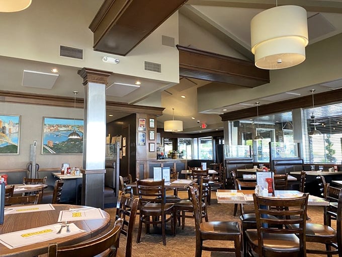 Warm wood accents and comfortable seating create the perfect backdrop for life's important decisions—like whether to order pancakes or an omelet. (Correct answer: both.)