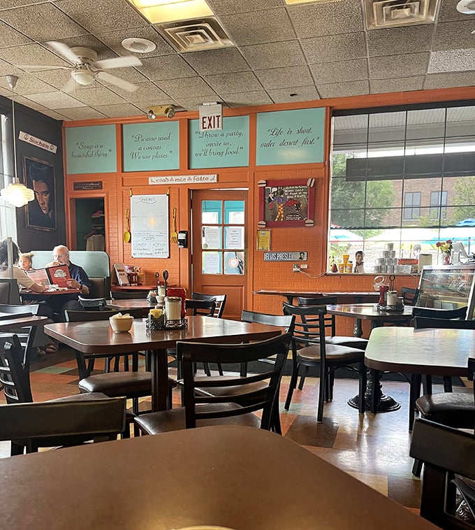 Inside, inspirational quotes like "Life is short, eat dessert first" adorn walls painted in warm oranges. The diner philosophy we should all live by.