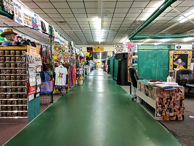 Green-floored corridors serve as your yellow brick road to retail adventure, with vendor stalls stretching into the distance like some bargain-hunter's infinity.