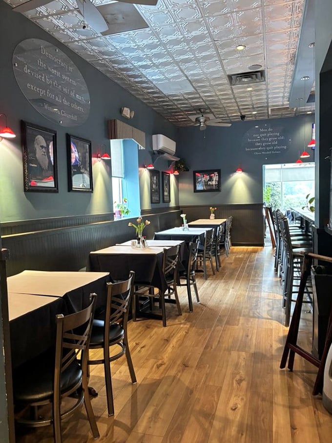 Inside, philosophical quotes adorn slate-blue walls beneath pressed tin ceilings. It's like dining in the study of that professor who always made you think—but with better food.