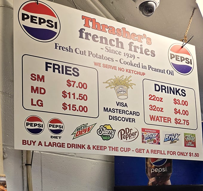 The world's most gloriously minimalist menu. No ketchup, no frills, no compromise—just potato perfection that's been drawing crowds since 1929.