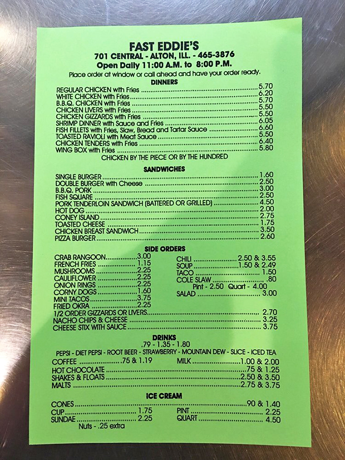 The menu at Fast Eddie's is a beautiful time capsule of American comfort food, where simplicity reigns and nothing costs more than your dignity demands.
