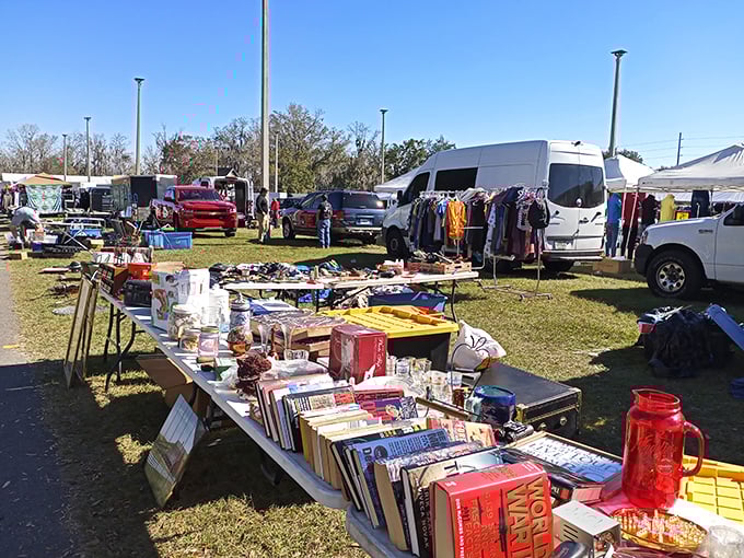 Books, vintage treasures, and possibilities sprawl across the lawn. Someone's discarded paperback might become your beach companion for the next decade.