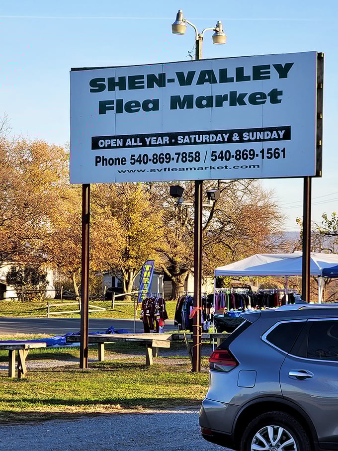 The no-frills sign says it all: open year-round, rain or shine. Like a lighthouse for bargain hunters, it beckons with the promise of undiscovered treasures every weekend.