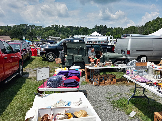 The parking lot doubles as selling space, with vendors transforming tailgates into impromptu showrooms of clothing, collectibles, and conversation starters.