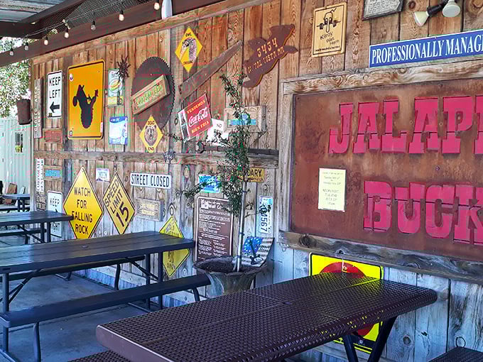Highway signs meet BBQ heaven. The wall decor alone tells you this place doesn't take itself seriously—except when it comes to flavor.