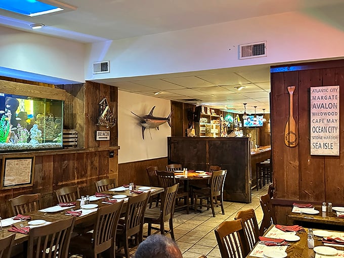 Step inside to a nautical wonderland where wood paneling, mounted fish, and Jersey Shore signage transport you from suburban Pennsylvania to seaside dining.