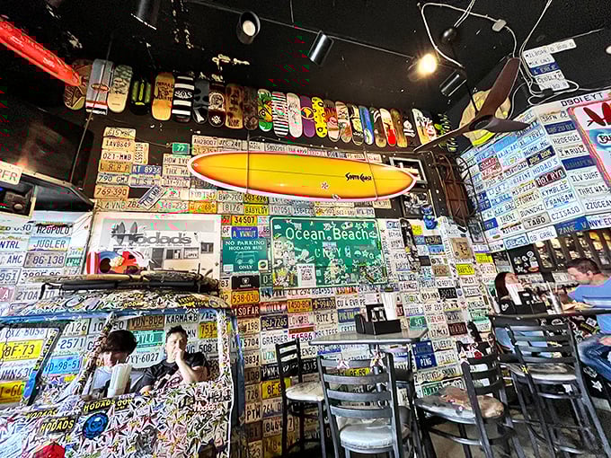Every inch tells a story in this memorabilia wonderland where license plates create edible entertainment.