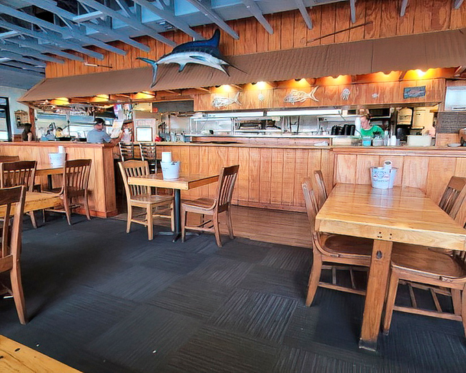 Wooden paneling and mounted fish create that perfect "I've discovered something authentic" vibe that makes seafood taste twice as good.