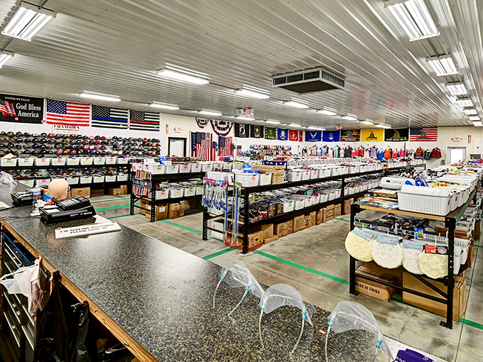 Rows of merchandise stretch toward the horizon under patriotic banners, promising discoveries in every aisle for the patient explorer.