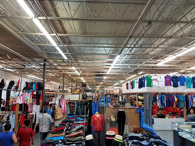A kaleidoscope of clothing racks stretches to the horizon. This isn't shopping—it's an expedition where fashion from every decade awaits rediscovery.