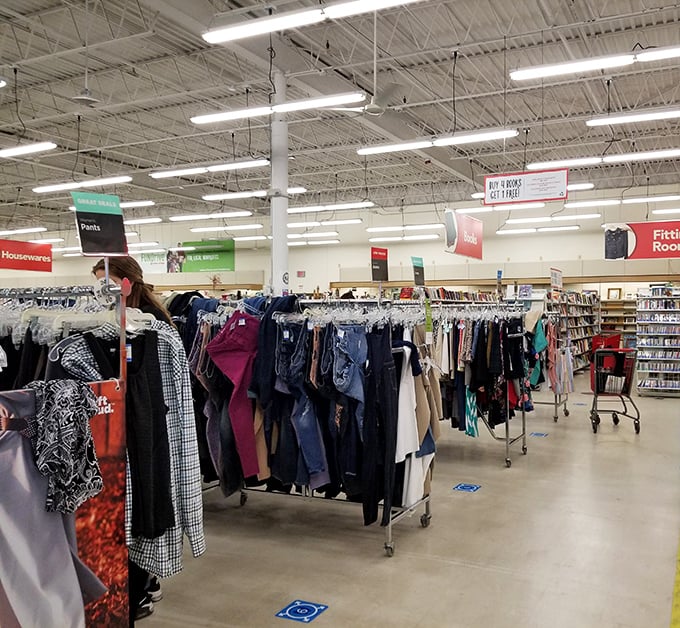 Endless racks of potential wardrobe upgrades stretch toward the horizon, organized by type rather than price tag—democracy in fashion at its finest.