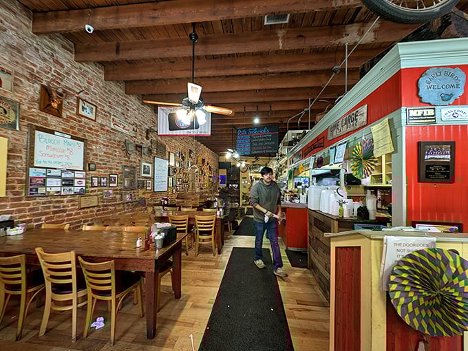 Exposed brick walls, wooden beams, and that unmistakable diner buzz—stepping inside feels like walking into a warm hug from your favorite aunt.