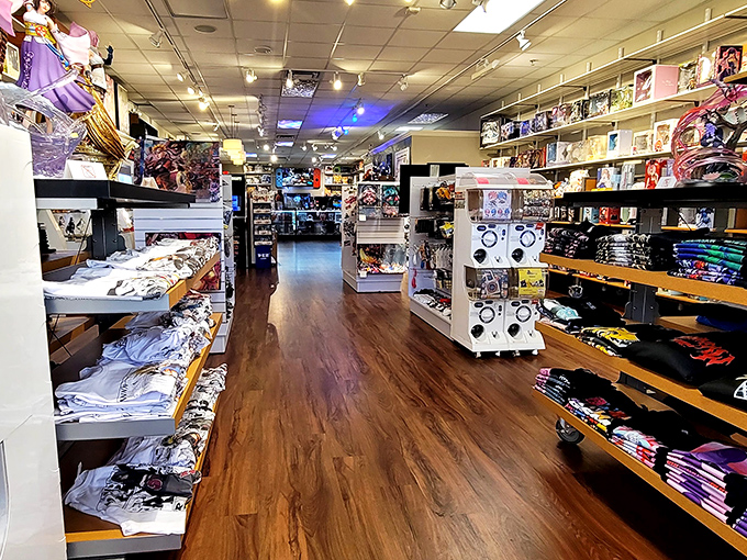 Neatly organized merchandise lines polished wood floors, creating retail tunnels where shoppers can lose themselves in a treasure hunt of branded goods.