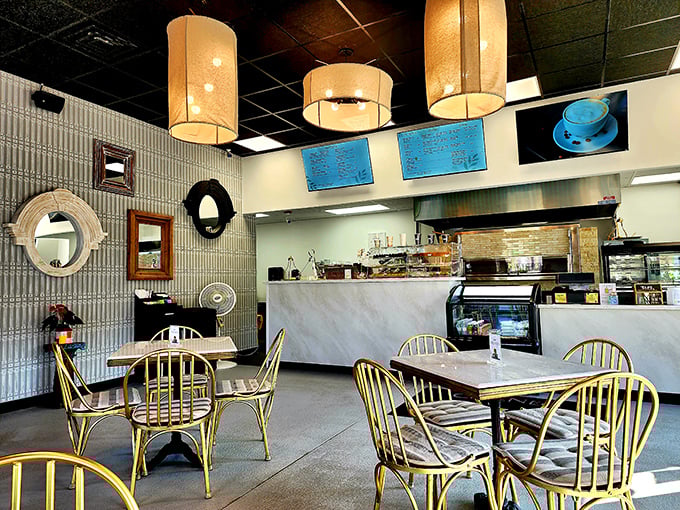 The café's interior strikes that perfect balance between "Instagram-worthy" and "actually comfortable enough to stay awhile." Those pendant lights aren't just illuminating tables—they're spotlighting culinary magic.