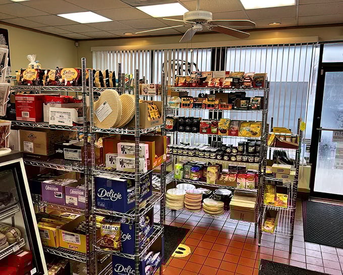 Shelves stacked with imported treasures – like a treasure hunt where every discovery leads to delicious memories.