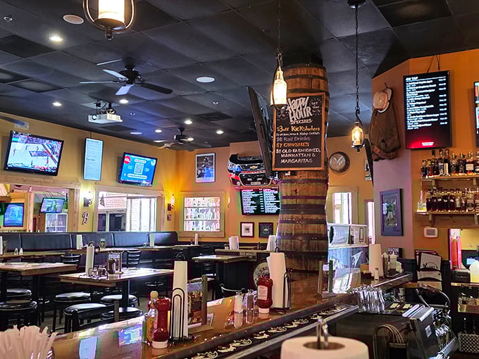 Barrel-aged atmosphere with sports on the side. The dining room strikes that perfect balance between "serious about whiskey" and "comfortable enough to linger."