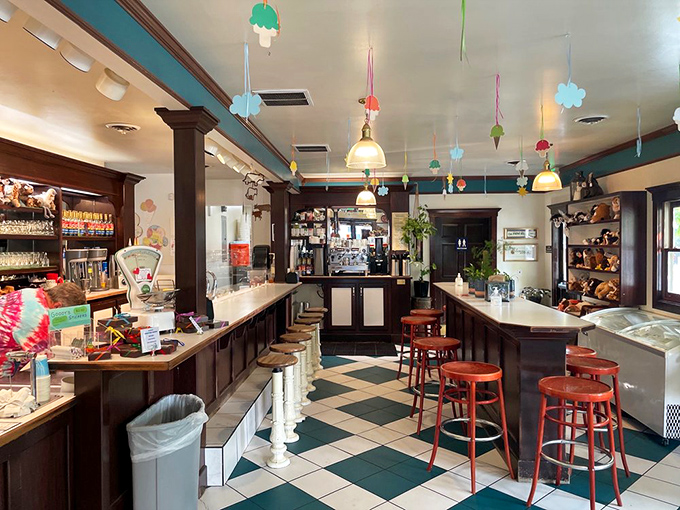 The classic checkerboard floor and vintage counter aren't retro by design—they're authentic survivors from a more delicious era.