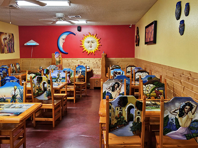 Step inside to a fiesta for the senses! Hand-painted chairs and a sun-moon motif create the perfect backdrop for the flavor explosion that's about to happen.
