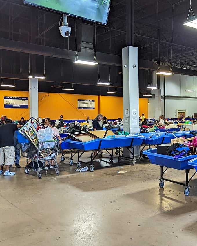 Welcome to the treasure hunter's arena! Yellow walls and blue bins create the perfect backdrop for Oklahoma's most competitive shopping sport.
