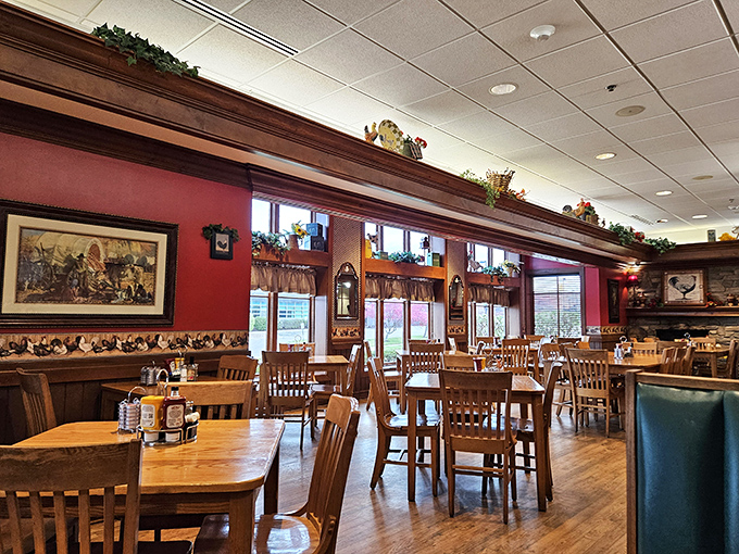 Step inside to a warm wooden interior where red walls, country decor, and sturdy tables create the perfect setting for serious eating—no tiny portions or pretentious plating here.