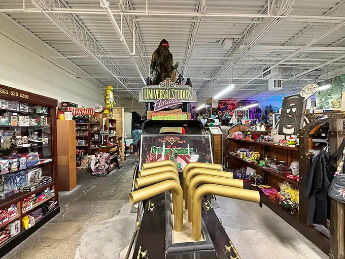 Where nostalgia meets pop culture! This aisle could be the set of a movie about America's obsession with collectibles—complete with its own creepy costume guardian.