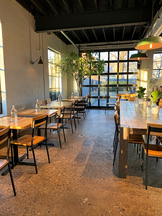 Industrial chic meets cozy warmth in this transformed space where sunlight streams through massive windows, turning morning coffee into a therapeutic experience.